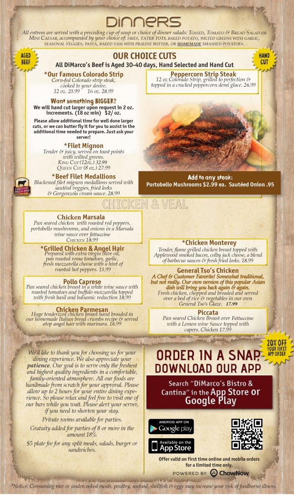 Menu - DiMarco's Bistro And Cantina - Call To Order (724) 438-1611!